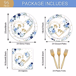 24 Guests Mr and Mrs Bridal Shower Party Supplies, Blue and White Flowers Hearts Geometric Party Plates Napkins Forks Set for Couple Wedding Bride to Be Engagement Party Decorations