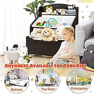 Kids Toy Storage Organizer, -3 Removable Plastic Bins,Wooden Rolling Toy Box and Plastic Bins in Bedroom Study Room Playrooms Nursery for Infants Baby Young Children (black)