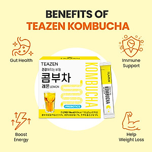 TEAZEN Lemon Kombucha Tea, Live Probiotics & Postbiotics, Relaxation and Warmth for Colds and Sore Throat, Zero Sugar, Low Caffeine, Fermented Kombucha Powder from Korea, 30 Sticks, 5.29oz