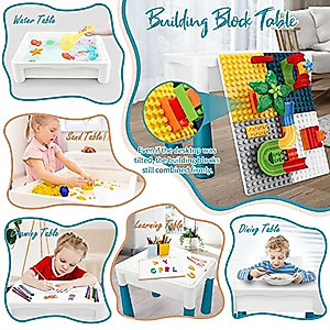 ROGALALY Kids Activity Table Set, All-in-One Multi Activity Table with Storage, 105pcs Building Blocks Table Compatible with Classic Bricks, Craft Learn Play Water Sand Table for Boys Girls