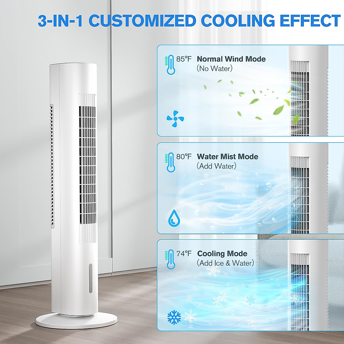 3-IN-1 Windowless Portable Air Conditioners, 35’’ Evaporative Air Cooler w/Remote, 7H Smart Timer & 70° Oscillating, 1.2L Water Tank With 3 Ice Packs, Cooling Tower Fan For Bedroom Living Room Office