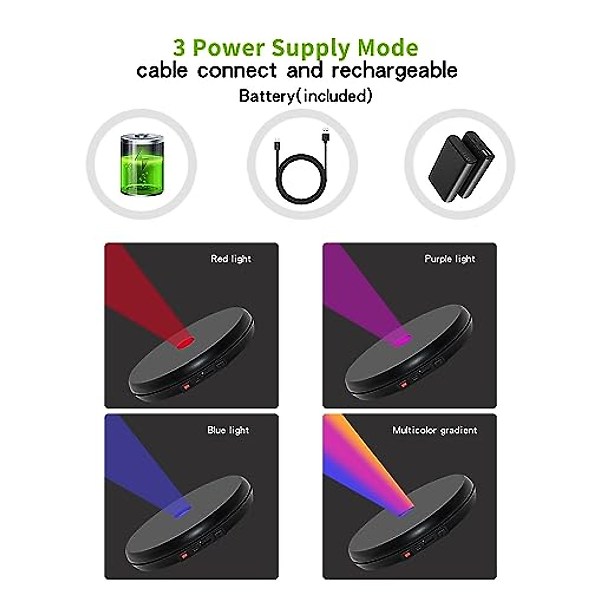 ELEGICKLIP 9.8" 44 Lb Load Rotating Display Stand with Multicolor Led Light for Cup Crystal Glass Spherical Jewelry Display Electric & Battery-Operated Platform (Black)