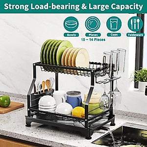 junyuan Dish Rack for Kitchen Counter,2 Tier Dish Drying Rack with 360° Swivel Spout,Large Dish Drainer with Utensil Holder,Adjustable Wine Glasses and Cup Holder,Strong and Sturdy,Black