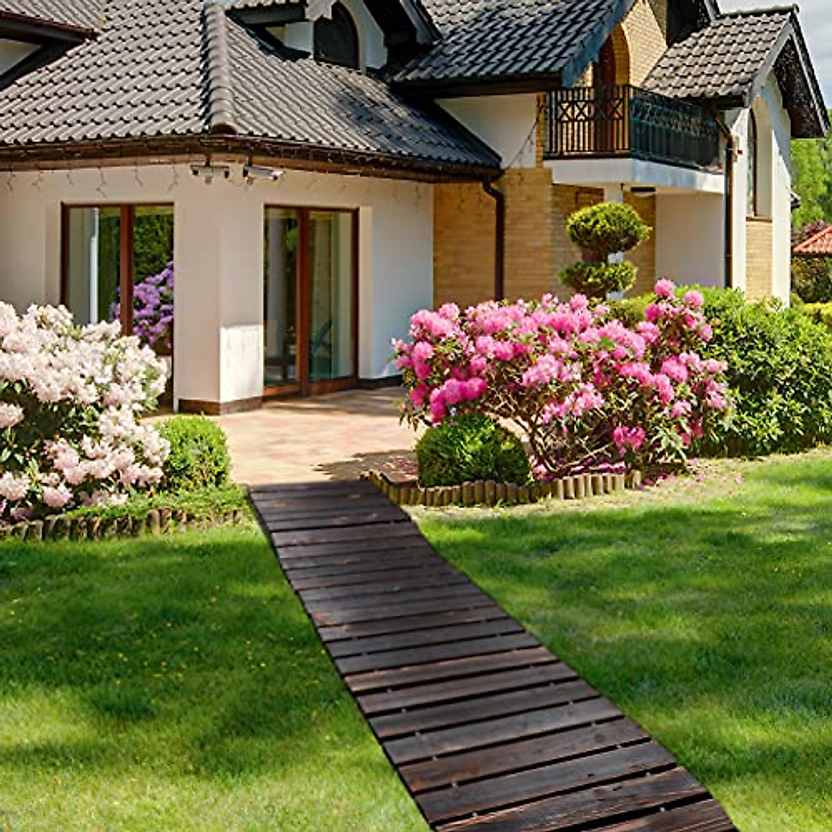 MEWTOGO 8' Wooden Garden Pathway, Weather Resistant Hardwood Pathway with 2 Pairs Gloves, Roll Out Decorative Straight Walkway for Outdoor Patio Beach Wedding Party Pathway