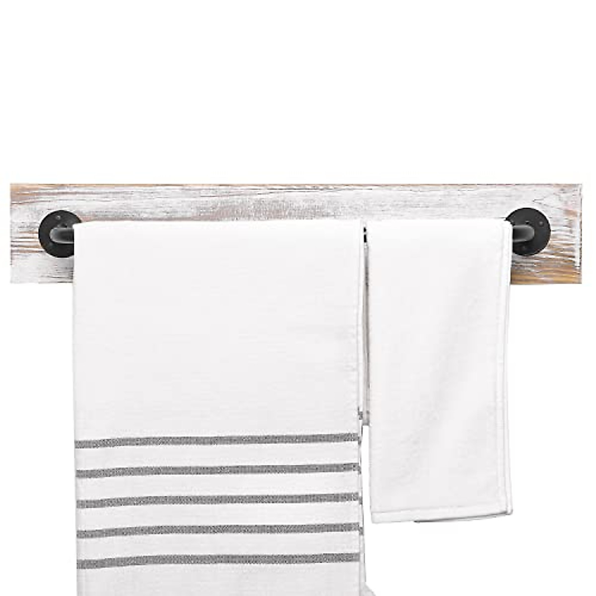 MyGift 24-inch Industrial Black Metal Towel Bar Rack with Vintage White Wood Wall Mount Bathroom Towel Holder
