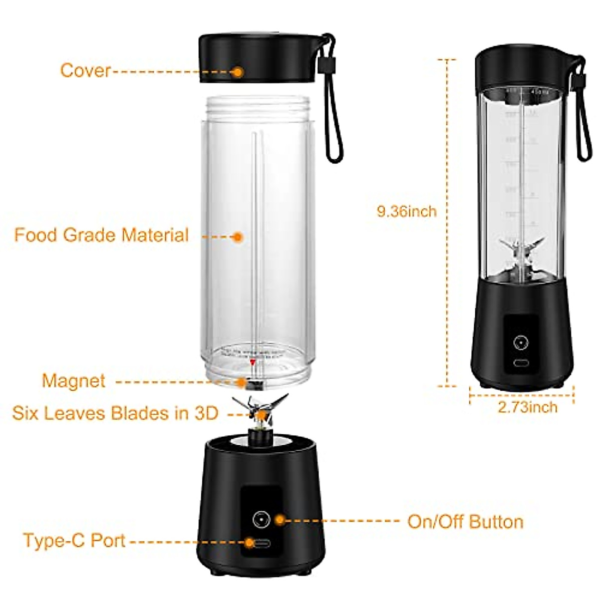 Portable Blender, YKSINX Personal Mini Blender for Smoothies and Shakes USB Rechargeable Juicer Cup Travel Handheld Fresh Juice Blender (Black)