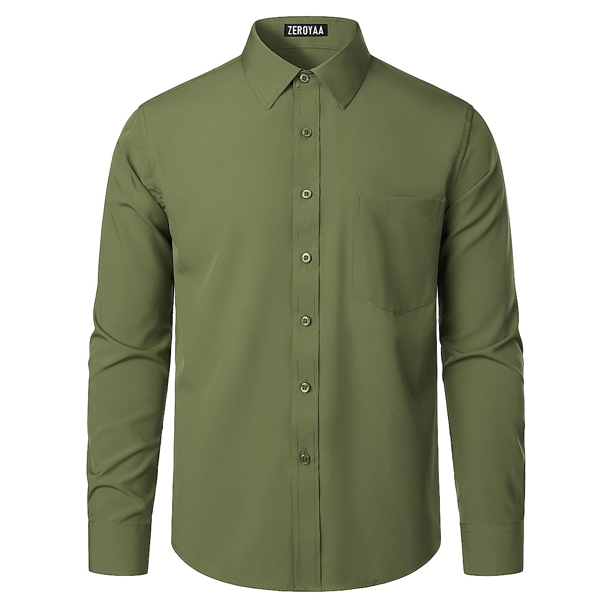 ZEROYAA Men's Regular Fit Dress Shirt Solid Wrinkle-Free Long Sleeve Casual Business Button Up Shirts with Pocket ZSSCL05-Army Green Medium