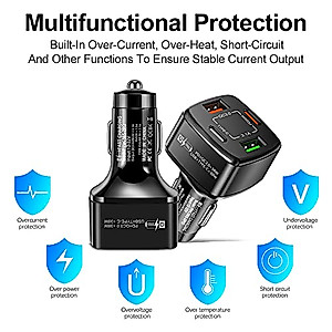 USB C Car Charger, 38W PD &QC3.0 Fast Charging 4 USB Car Charger Adapter, 30W USB-A +Type-C Multi Port Cigarette Lighter USB Charger Compatible with iPhone/Android/Samsung Galaxy S10 S9 Plus (Black)