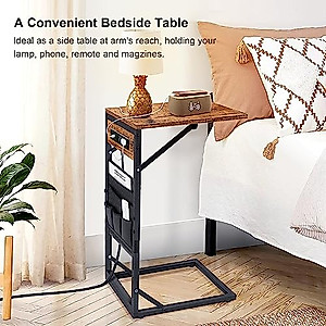 Youmechi C Shaped End Table with Charging Station, Side Tables Slide Under for Couch Sofa and Bed, Adjustable Height Small Side Table with Storage Bag and Wheels for Living Room Bedroom, Rustic Brown