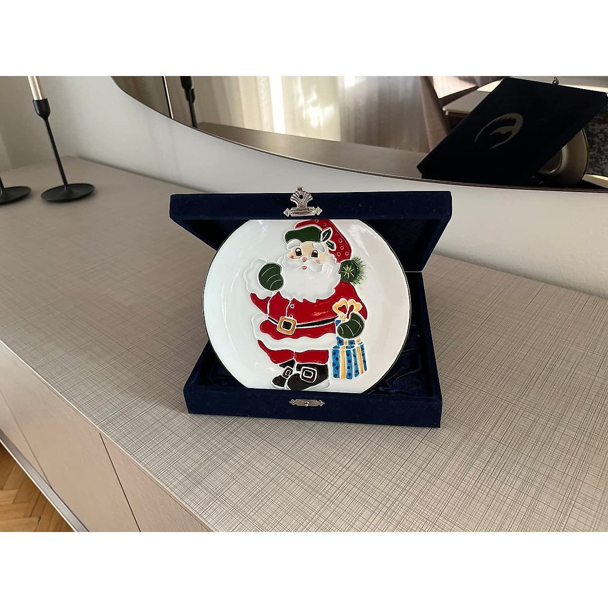 Anka Handcrafts - Christmas Home Decors – Santa with Gifts - Handmade & Handpainted Ceramic Plates with Unique Embossed Surface – w Navy Int. Velvet Case – Christmas for Homes 780