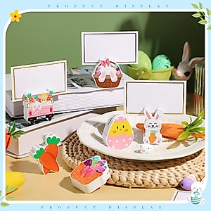 Kigley 18 Pcs Easter Bunny Eggs Wooden Place Card Holder with 25 Pcs Gold Foil White Card Easter Wooden Table Sign Bunny Easter Eggs Picture Number Sign Stands Holder for Spring Party (Cute)