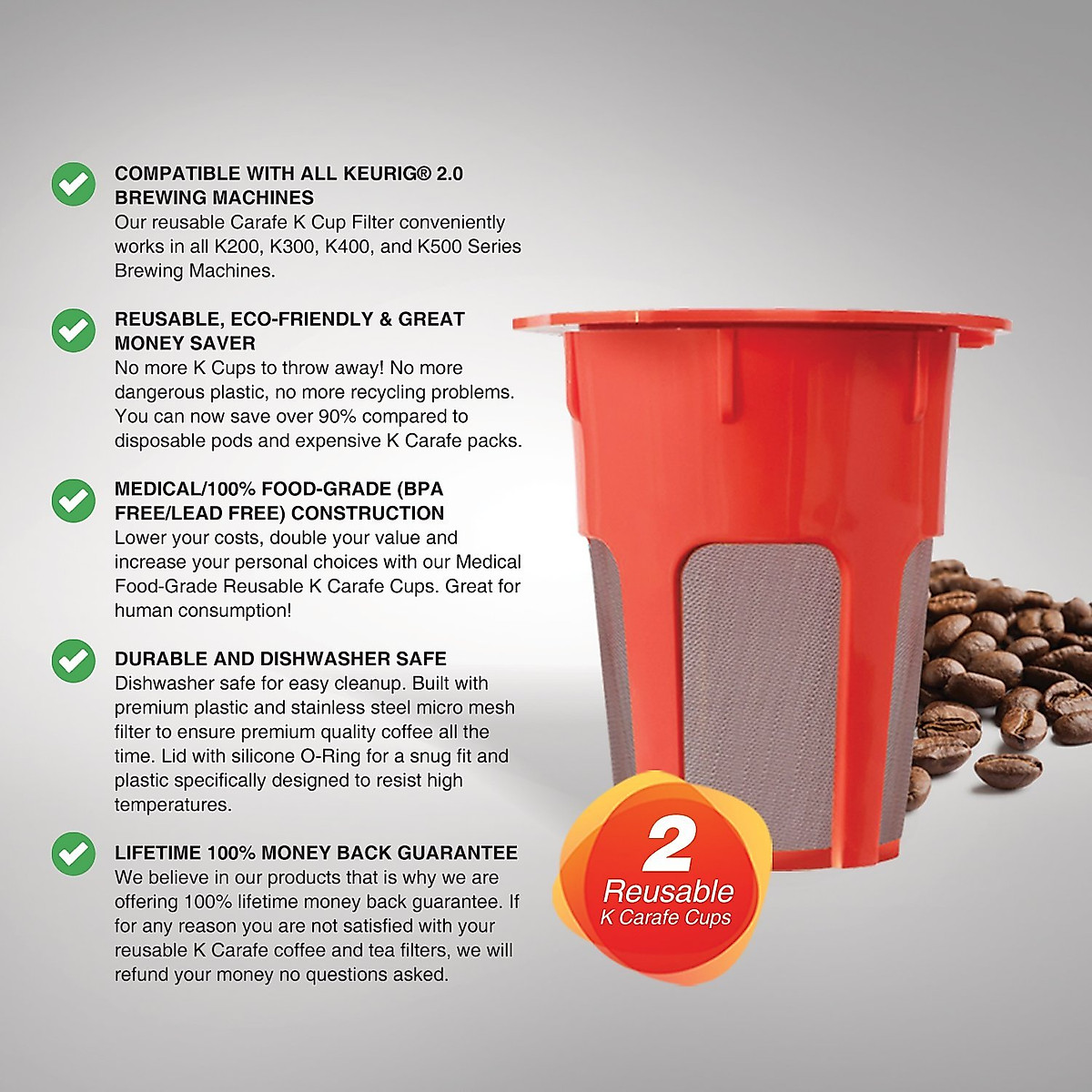 Housewares Solutions 2 Refillable/Reusable Carafe K Cup Filters for Keurig 2.0, K200, K300, K400, K500 Series of Brewing Machines