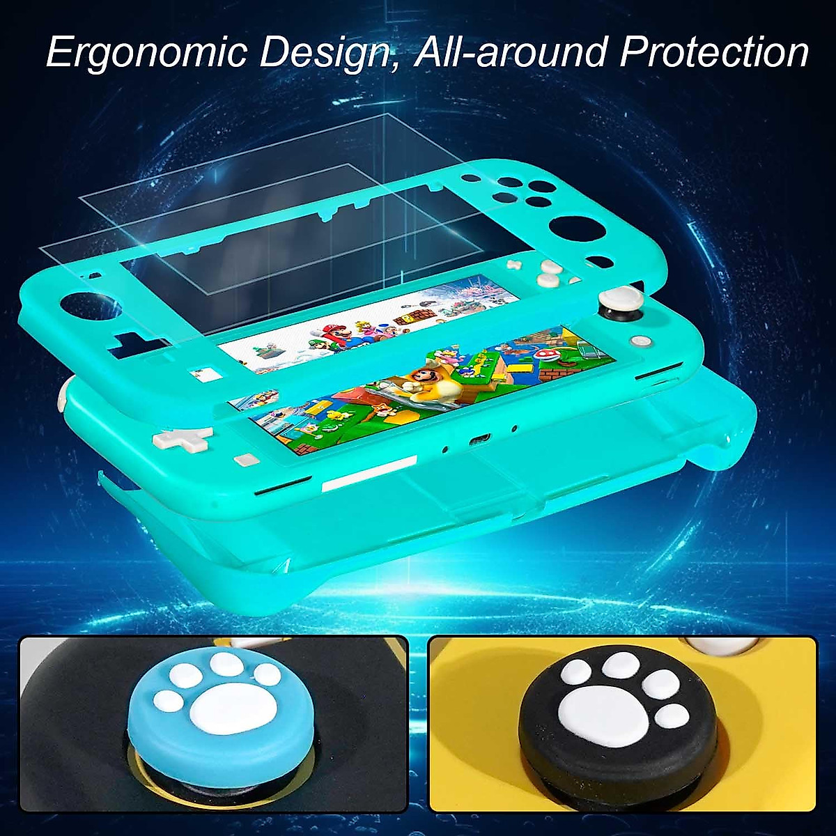 Accessories Kit for Nintendo Switch Lite - YOOWA Accessories Bundle with Carrying Case, Protective Cover case, 2-Pack Tempered Glass Screen Protector, Adjustable Play Stand, 6 Thumb Grips