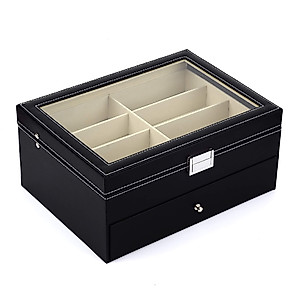 Siveit 16 Slot Sunglass Organizer Leather Eyeglasses Collector Eyewear Display Case Storage Box, Black