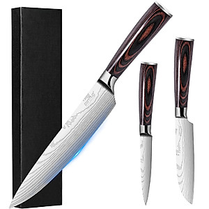 3Pcs Professional Chef Knife Set, German High Carbon Stainless Steel Chef Knife Santoku Knife Paring Knife with Pakkawood Handle and Gift Box