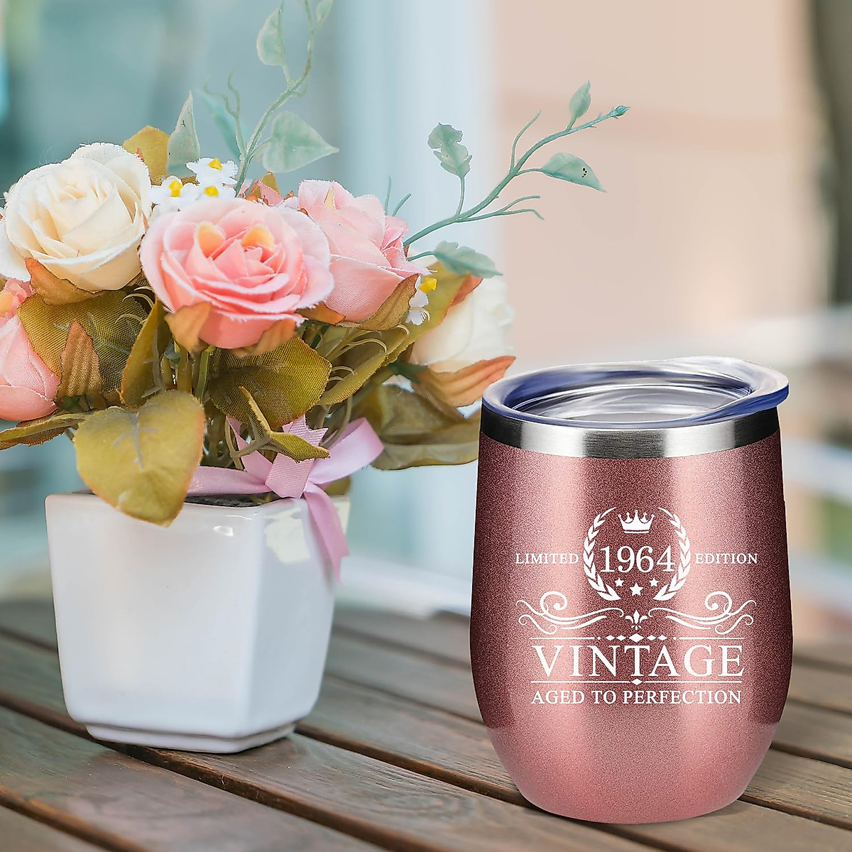 60th Birthday Gifts for Women Friends, 12 Oz Insulated Stainless Steel Wine Tumbler with Lid, Double Side Printed Birthday Thermos cup, Back in 1964 Old Time Information, Best Birthday Gifts