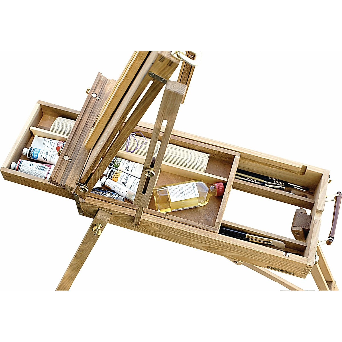 Creative Mark Cezanne Half Box French Easel - Oiled Elm Wood Plein Air Artist Easel, Holds Canvas Up to 33", Comfortable Handle, Divided Supplies Drawer, Brass Hardware, Telescoping Legs