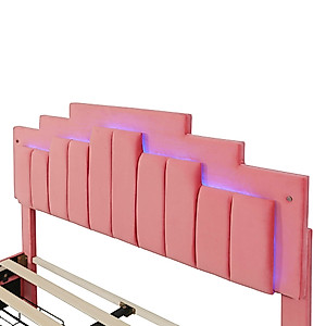 YOPTO Queen Size Velvet Upholstered Platform Bed with LED Lights and 4 Storage Drawers, w/Headboard & Slat Supports,Stylish Irregular Metal Bed Legs Design,for Kids Teens Adults,Pink