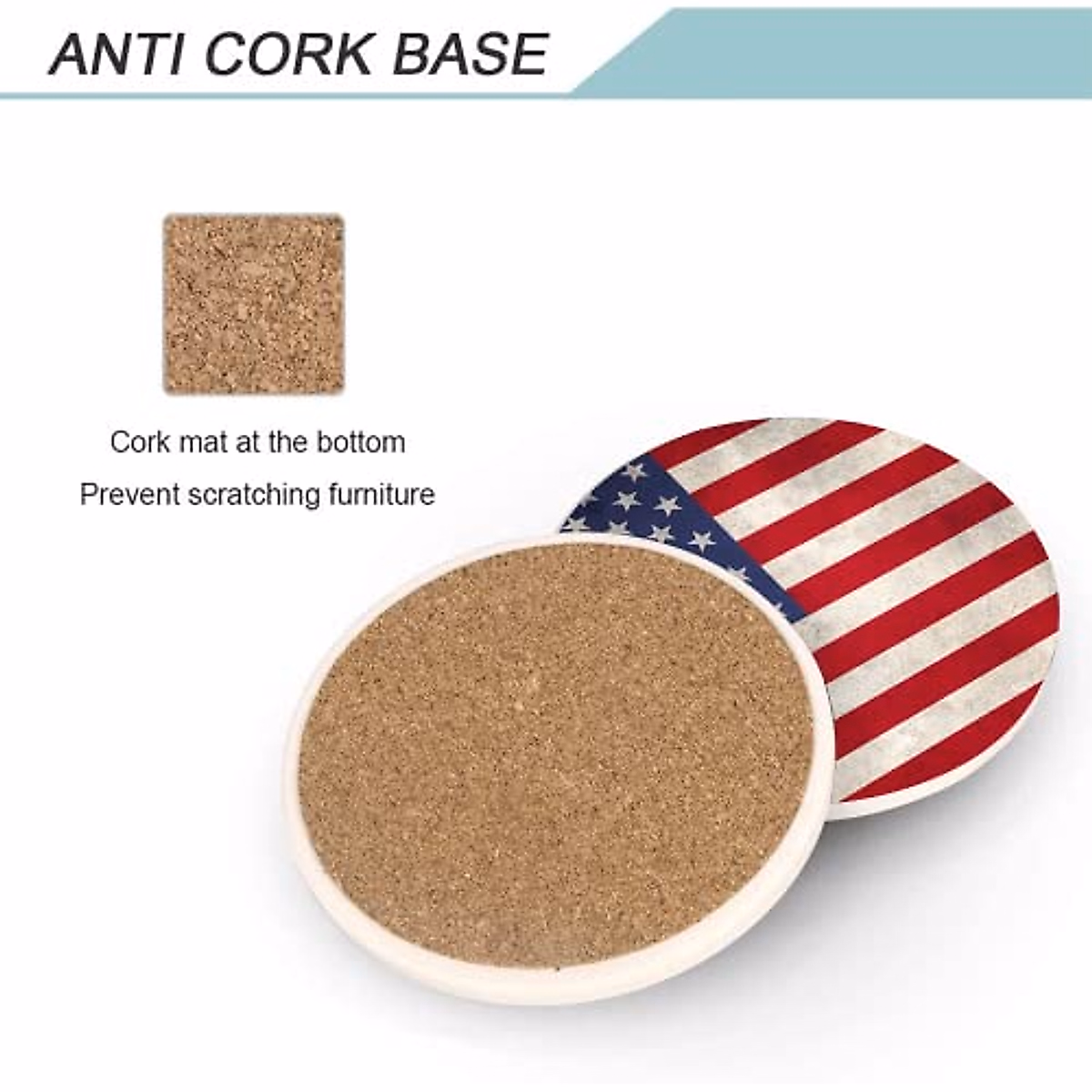USA Flag Coasters with Holder,Absorbent Coaster Sets of 4,Cork Base，Ceramic Drink Coaster for Tabletop Protection,Suitable for Kinds of Cups,Wooden Table,4 Inches