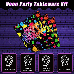 Kepeel 96 Pcs Neon Party Plates, Glow Birthday Party Supplies Disposable Paper Plates Dessert Napkins Glow in the Dark Favors Decorations Graffiti Tableware For Kids, Serves 24