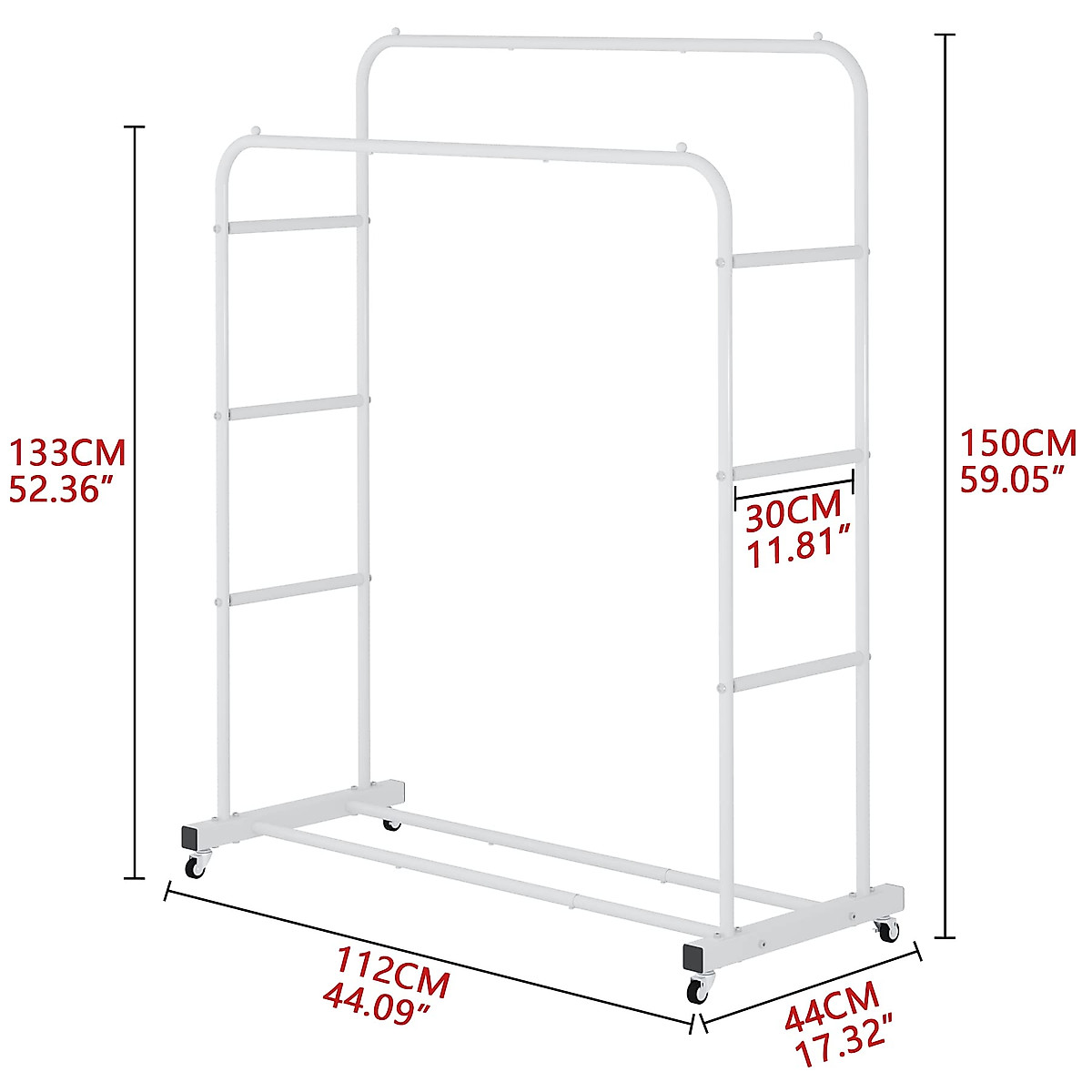 Laiensia Double Rods Clothing Rack with Wheels, Garment Rack for Hanging Clothes, Multi-functional Bedroom Clothes Rack, White