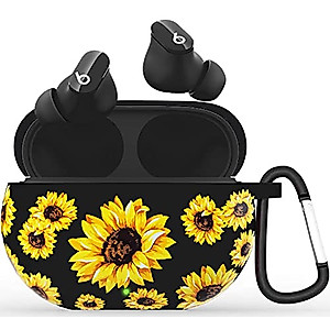 YOMPLOW Case for Beats Studio Buds Soft Silicone Flexible Skin Flower Rubber Cover for Beats Studio Buds 2021 Girls Women with Keychain - Sunflower