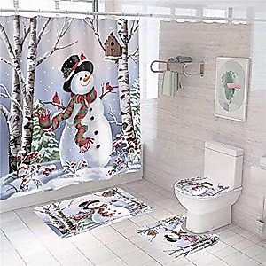 MrLYouth Christmas Bathroom Sets Snowman Shower Curtain with Contour Mat,Toilet Lid Cover,Accessories with 12 Plastic Hooks 4 Pieces Waterproof Fabric Bath Sets