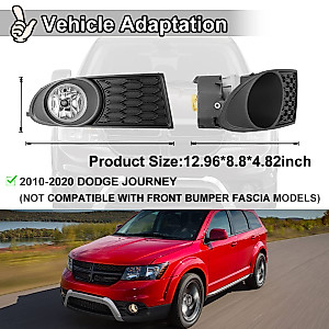 Fog Light Set for 2010-2020 Dodge Journey w / Bulb + Black Bezel Cover, OEM Bumper Driving Fog Light Lamps Assembly w / Wiring Harness Kit & Switch, Fog Lamp Replacement - PS 12V 24W Clear Lens
