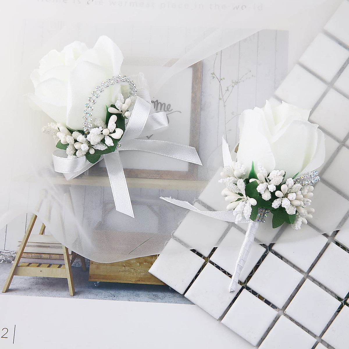 Febou Wrist Corsage 4 Packs Wedding Bridal Wrist Flower Rose Wristband Corsage Flower for Bride Bridesmaid Perfect for Wedding, Prom, Party (4 Packs, Wrist-White)