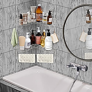 2 Pack Corner Shower Caddy Shelf, No Drilling Heavy Duty Corner Shower Basket Adhesive Stainless Steel Bathroom Shower Organizer for Kitchen, Bathroom, Toilet