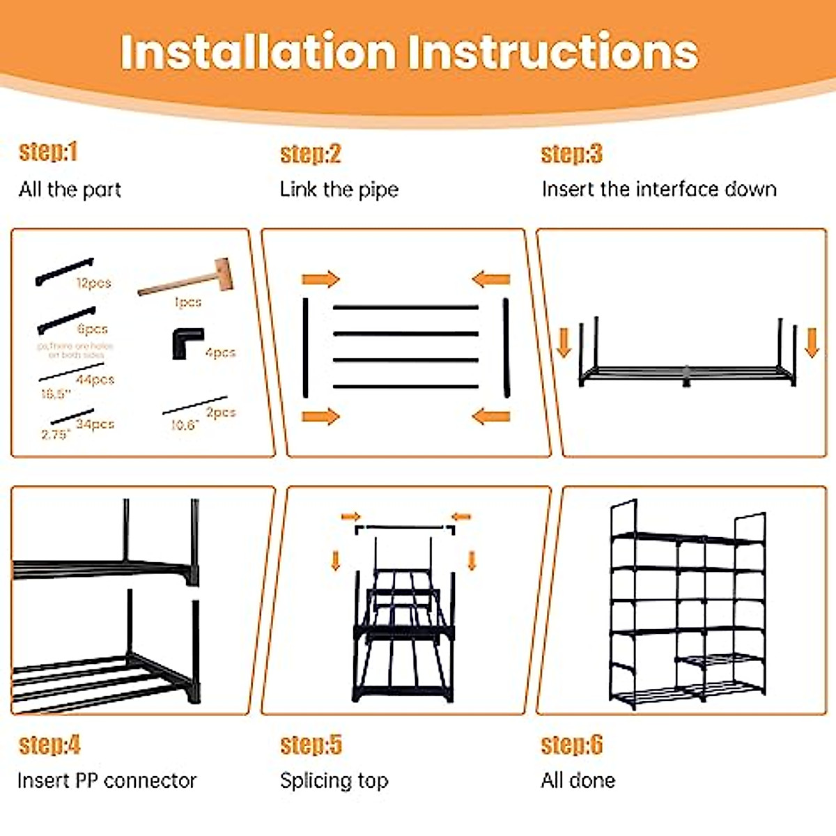 6 Tier Shoe Rack Storage Organizer, 20-22 Pairs Metal Shoe Rack for Entryway, Shoe Stand Free Standing Shoe Rack for Closet, Space Saving Shoe Organizer Shoe Storage for Living Room Bedroom Hallway