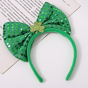 St. Patrick's Day Headband Green Sequins Bowknot Headbands Patrick's Day Hair Hoops Shamrock Clover Headband Leprechaun Hat Headpieces Festival Costume Accessories for Women and Girls
