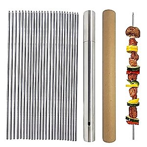 Stainless Steel Kabob Skewers, Heavy Duty Grilling Skewers, 12" Long Barbecue Skewers, Resuable BBQ Sticks for Shish Meat Shrimp Chicken (Set of 20 pcs Skewers +1 Tube Storage) (Round Skewers)