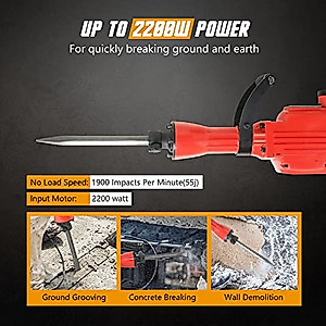 F2C 2200W Heavy Duty Electric Demolition Jack Hammer Concrete Breaker Power Tool Kit 2 Chisel 2 Punch Bit Set W/Case, Gloves