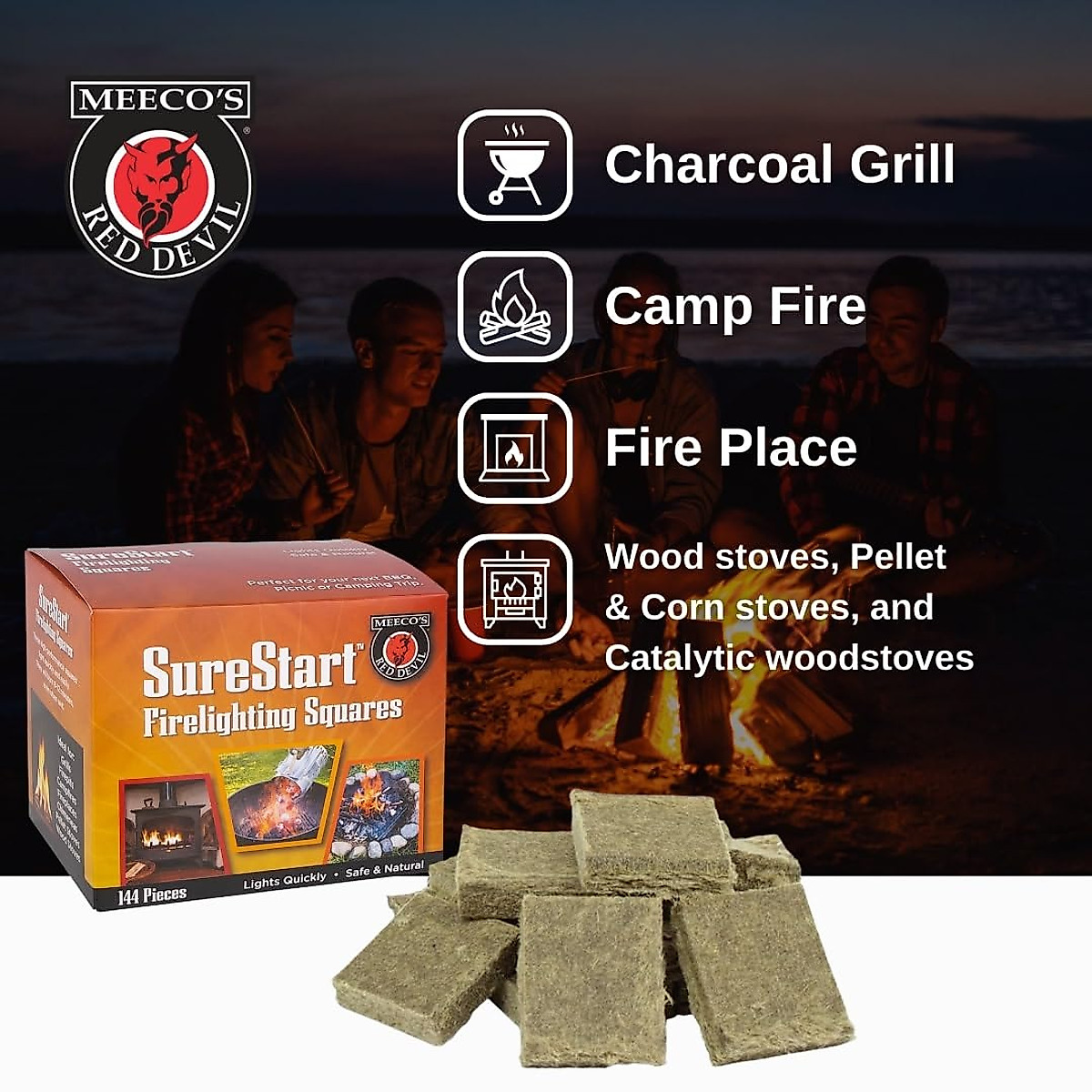 MEECO'S RED DEVIL Surestart® Firelighting Squares Pack of 144 - Quick Lighting for Indoor/Outdoor Fireplaces, Wood Stoves, Pellet Stoves, Campfires, Fire Pits, Smoker Grills, & Pizza Ovens