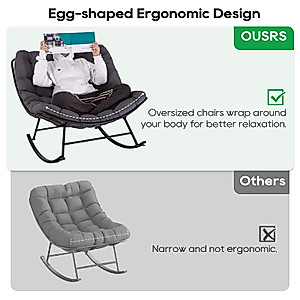 PORWEY Patio Rocking Papasan Chair, Outdoor & Indoor Egg Reading Recliner Chair, Oversized Royal Comfy Lounge Rocker with Large Cushion and Ottoman for Bedroom, Living Room, Porch, Gray