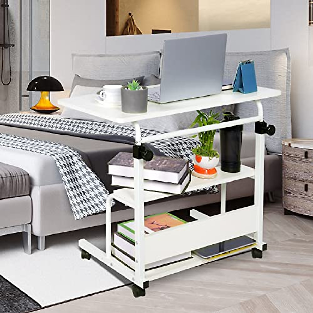 Portable Desk Small Desks for Small Spaces Laptop Table White Rolling Adjustable Desk on Wheels Mobile Couch Desk for Bedroom Home Office Computer Standing Desk Student Desk with Storage 32x16 Inch