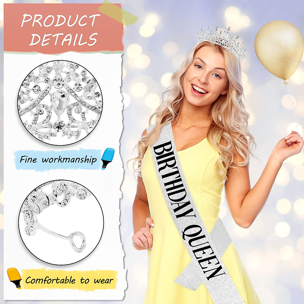 Birthday Crown Sash for Women Happy Birthday Queen Sash Crystal Birthday Tiara Crowns for Girls Rhinestones Headband Gift Party Birthday Decoration Set (Silver) Summer