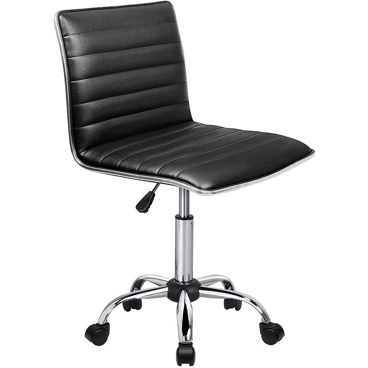 OFIKA Armless Office Desk Chair, Adjustable Task Chair, Low Back Faux Leather Ribbed Swivel Chair, Home Computer Chair Retro with Wheels, Vanity Chair，Black