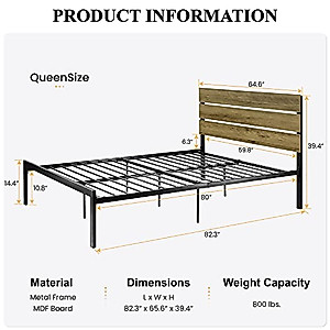 SHA CERLIN Queen Size Bed Frame, Metal Platform Bed with Wooden Headboard and Strong Metal Slats, Mattress Foundation, Rustic Country Style, No Box Spring Needed, Light Brown