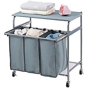 ALIMORDEN Laundry Sorter with Ironing Board Iron Rack Rolling Laundry Basket with Side pull 3-Bag Heavy-Duty Laundry Room Organizer Clothes Hamper with 4 Wheels and lid Blue Grey
