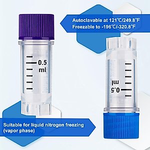 CryoKING 0.5ml Cyogenic Vials, Cryogenic Vials with External Thread Blue Caps, Sterile Vials with Self-Standing Bottom, No Bottom Code, with Side Barcode, Bag of 25