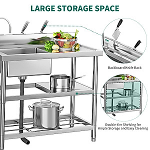 YITAHOME Kitchen Sink Stainless Steel Single Bowl Freestanding Commercial Sink with Drainboard for Restaurant, Utility Sink w/Workbench & Double Storage Shelves for outdoor 39" W x 20" D x 37" H