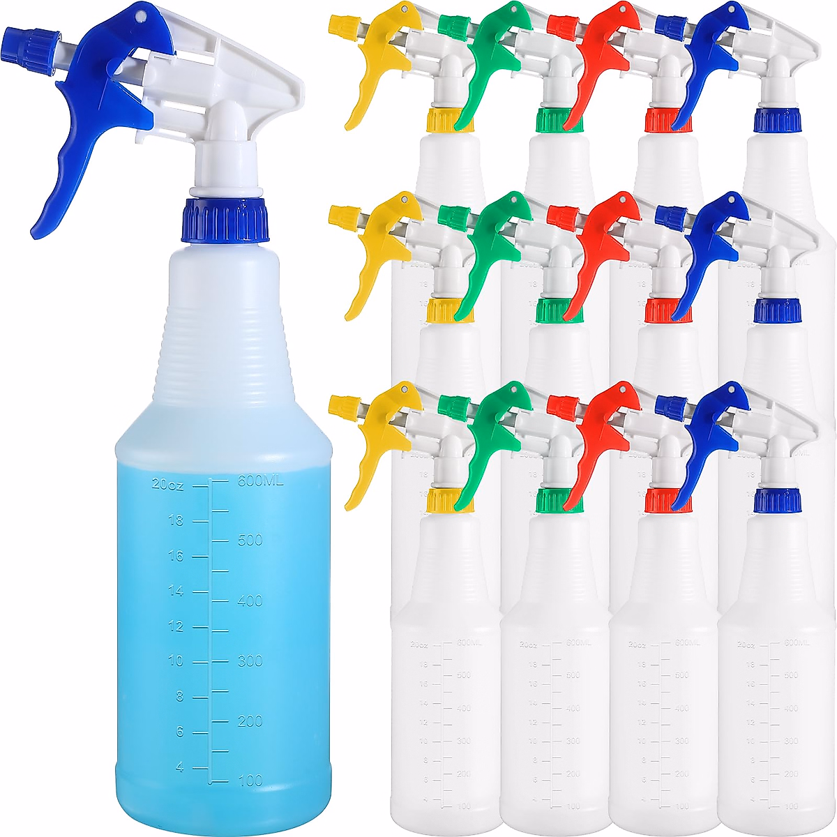 Eaasty 12 Pack Plastic Spray Bottles 25 oz Leak Proof Mist Spraying Bottles Safe Squirt Bottle Refillable with Adjustable Head and Measurements for Bleach Rubbing Cleaning (Red, Blue, Yellow, Green)