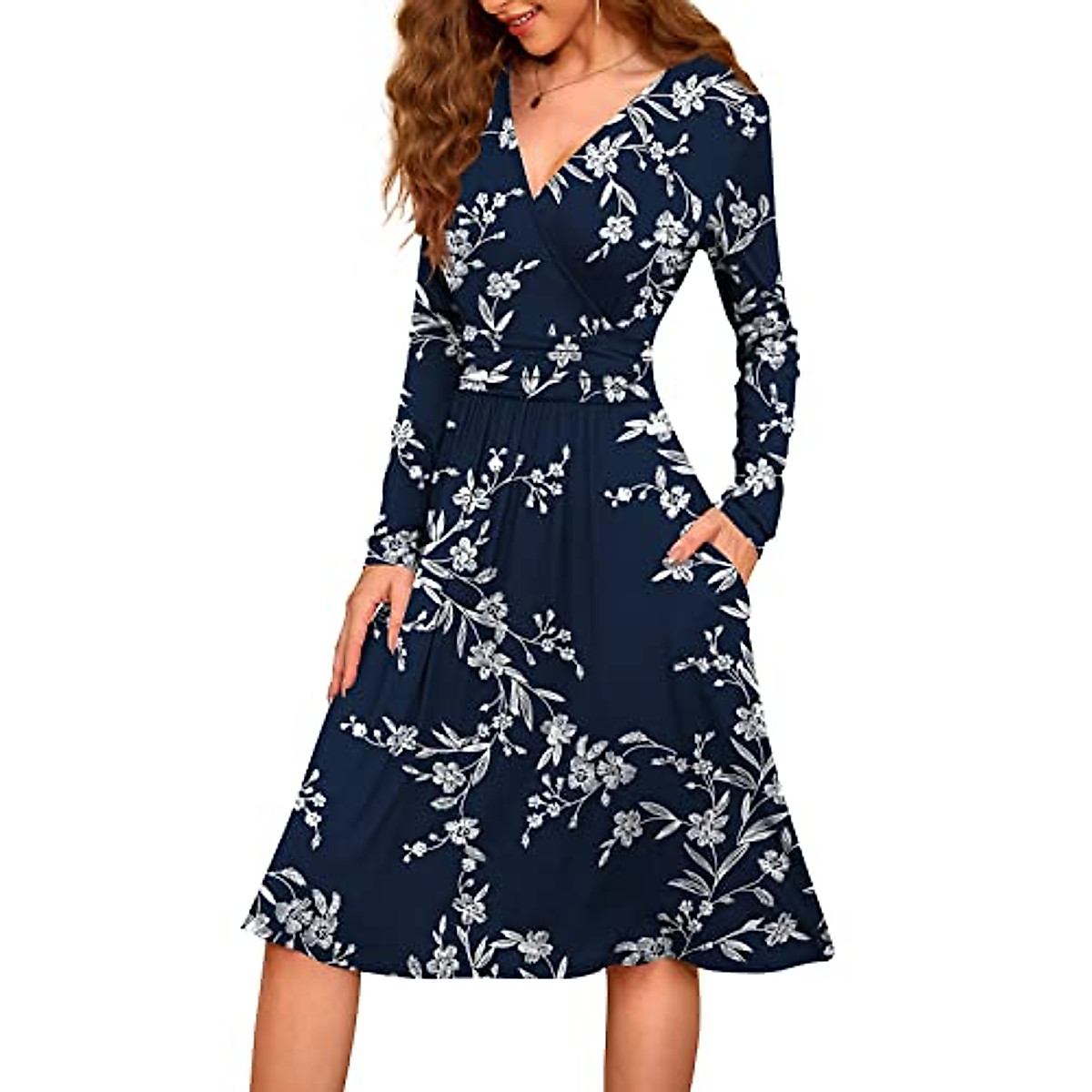 WEACZZY Womens Dresses Long Sleeve Casual Holiday Dress V-Neck Party Dress with Pockets, Floral Navy, Medium