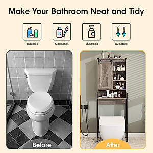 Fameill Over The Toilet Storage Cabinet,Farmhouse Storage Cabinet Over Toilet with Sliding Barn Door,Bathroom Over Toliet Storage with Open Shelf, Home Space-Saving Toilet Rack,Grey