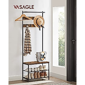 VASAGLE Hall Tree with Bench and Shoe Storage, Entryway Bench with Coat Rack Stand and Shoe Rack, 9 Removable Hooks, Top Bar, Fabric Shelves, Industrial, Rustic Brown and Black UHSR411B01