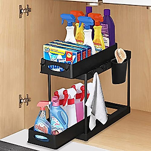 GzfunTeng Under Kitchen Sink Organizer and Storage, 2 Tier Sliding Bathroom Organizer, Pull Out Cabinet Organizer with 4 Hooks, 1 Hanging Cups, Finishing Storage Rack