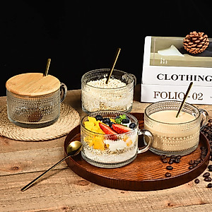 TIMIFTE Vintage Coffee Mugs Set of 4 Embossed Tea Cups, Overnight Oats Containers with Bamboo Lids and Spoons, 14oz Glass Coffee Cups for Cappuccino, Latte, Cereal, Yogurt, Beverage, Clear