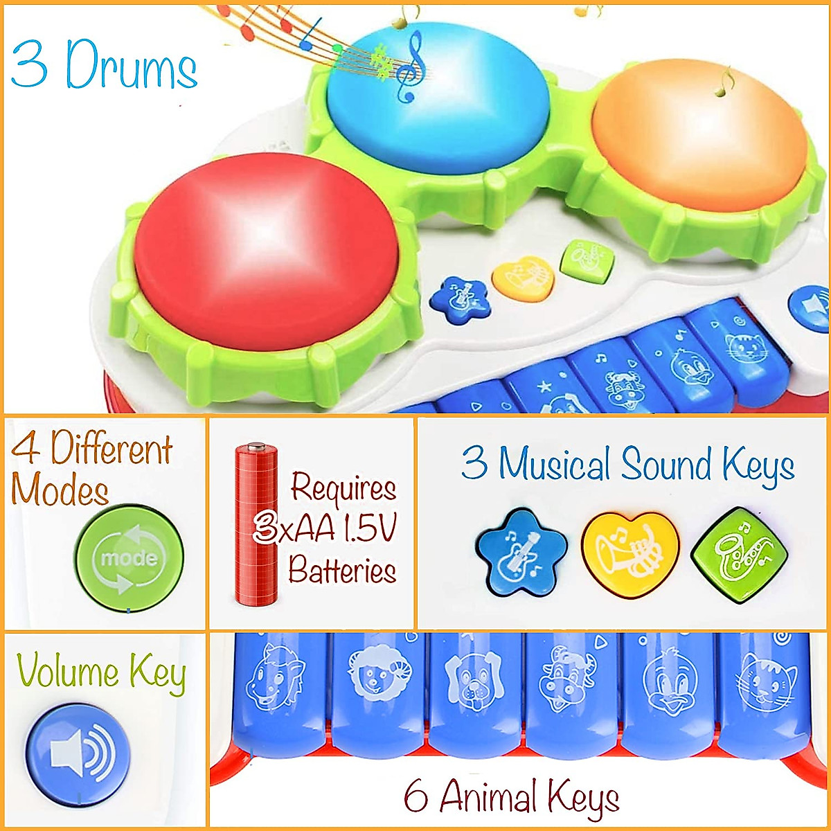 Baby Musical Keyboard Toy Piano for Toddlers 1-3, Drum Toy Set with Songs, Animal Sounds and Lights, Piano Xylophone for Kids Drums Montessori Learning Electronic Baby Instruments 12-18 Months